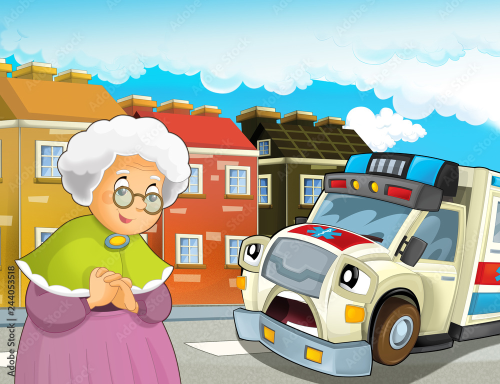 cartoon scene with older lady not feeling well and ambulance coming to ...