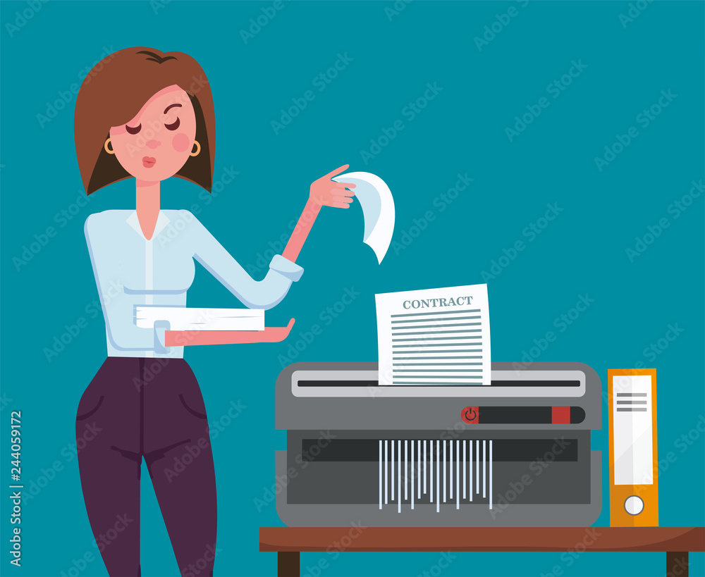 Girl office worker with displeased facial expression shredding ...