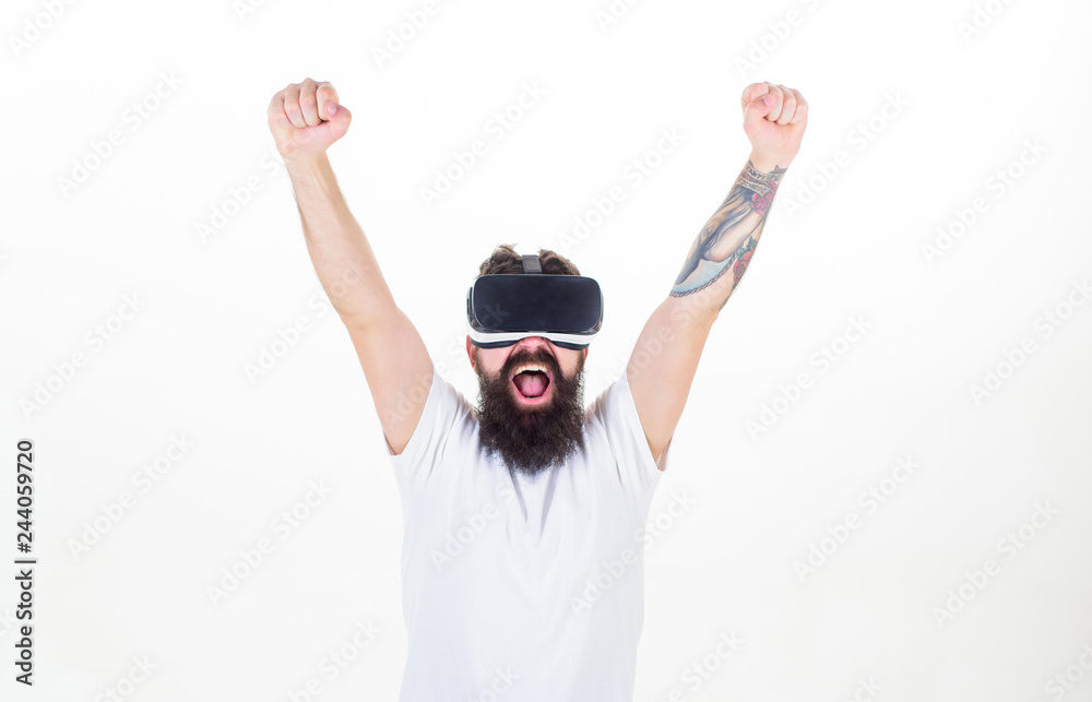 Virtual success. Man bearded gamer VR glasses white background. Cyber reality game concept. Win ...