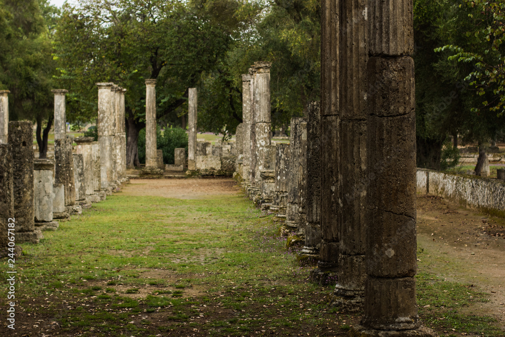ancient Greece stone column alley way ruins of destroyed city, European ...