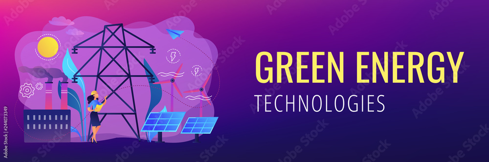 Engineer choosing power station with solar panels and wind turbines ...
