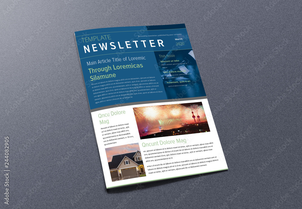 Newsletter Layout with Blue and Green Accents Stock Template | Adobe Stock