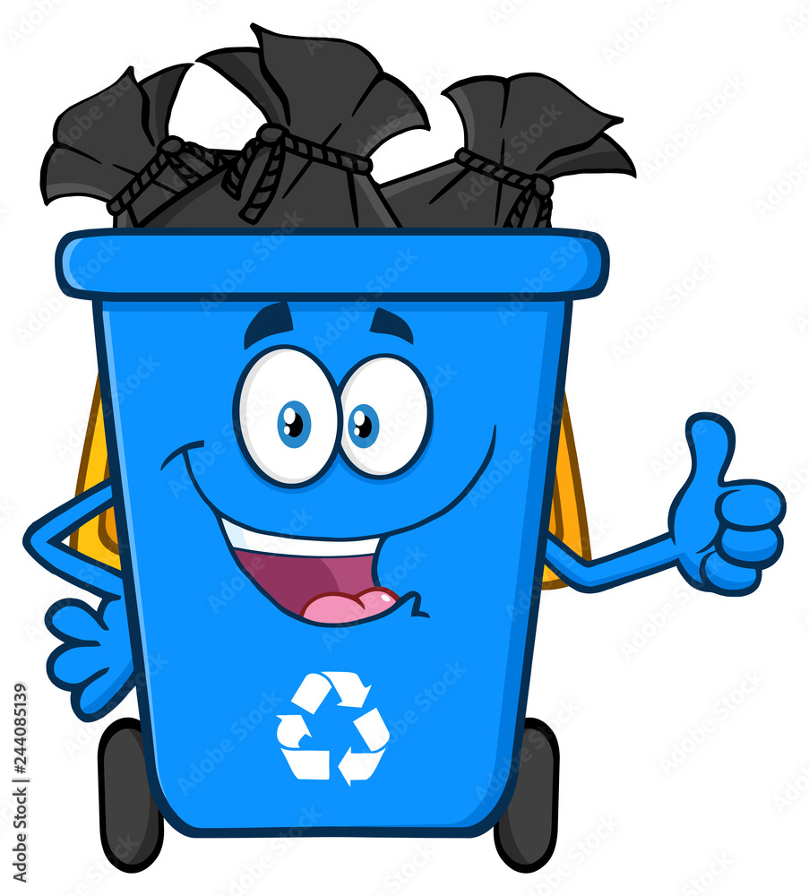 Happy Blue Recycle Bin Cartoon Mascot Character Full With Garbage Bags ...