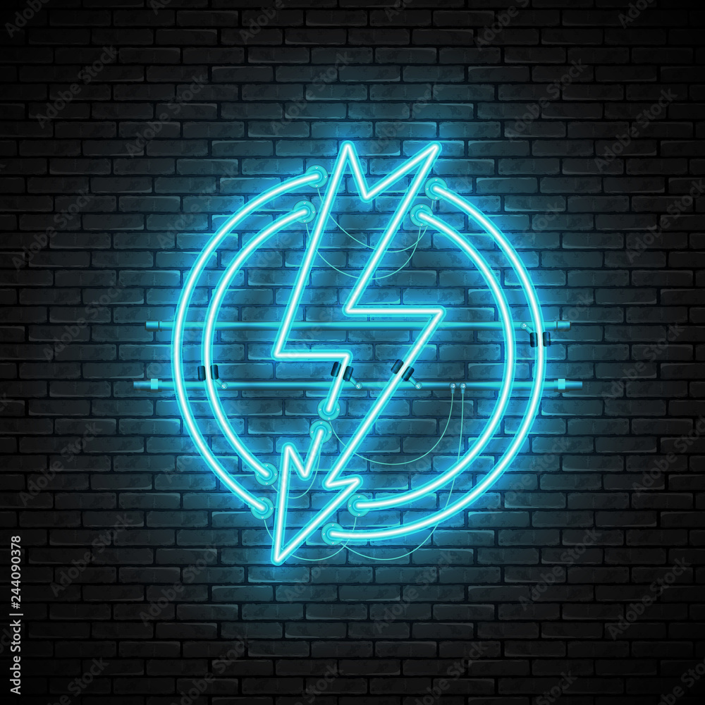 Shining and glowing blue lightning neon sign in circle isolated on ...