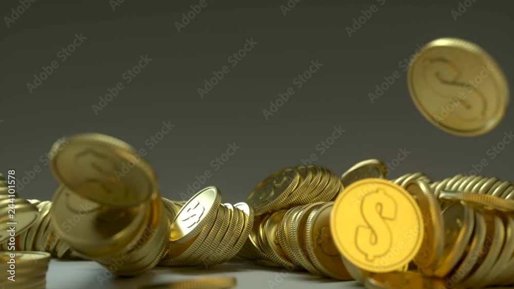 Falling stacks of golden dollar coins. High stacks of golden coins with ...