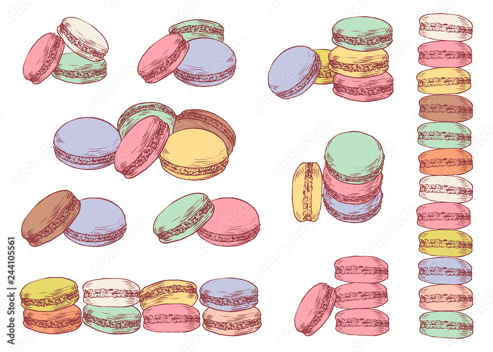 Set of delicious hand drawn french macarons in different compositions ...