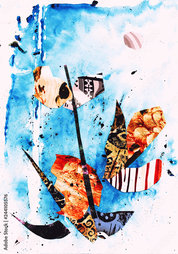 Watercolor Contemporary art collage. Paper craft. Abstract collage with ...