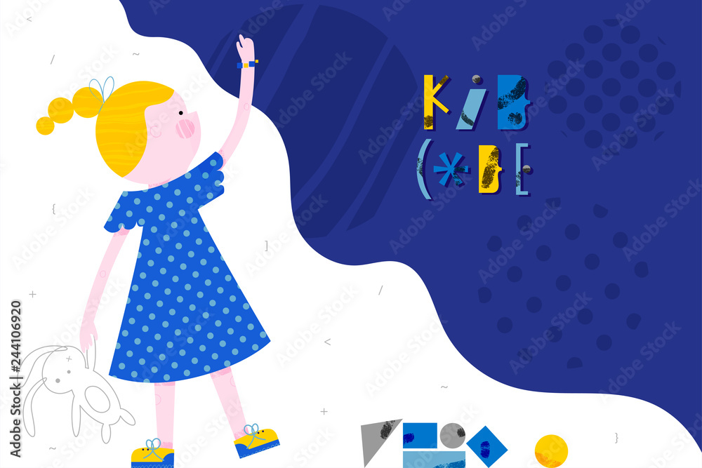 Cute smart girl is coding on abstract screen. Children coding and code ...