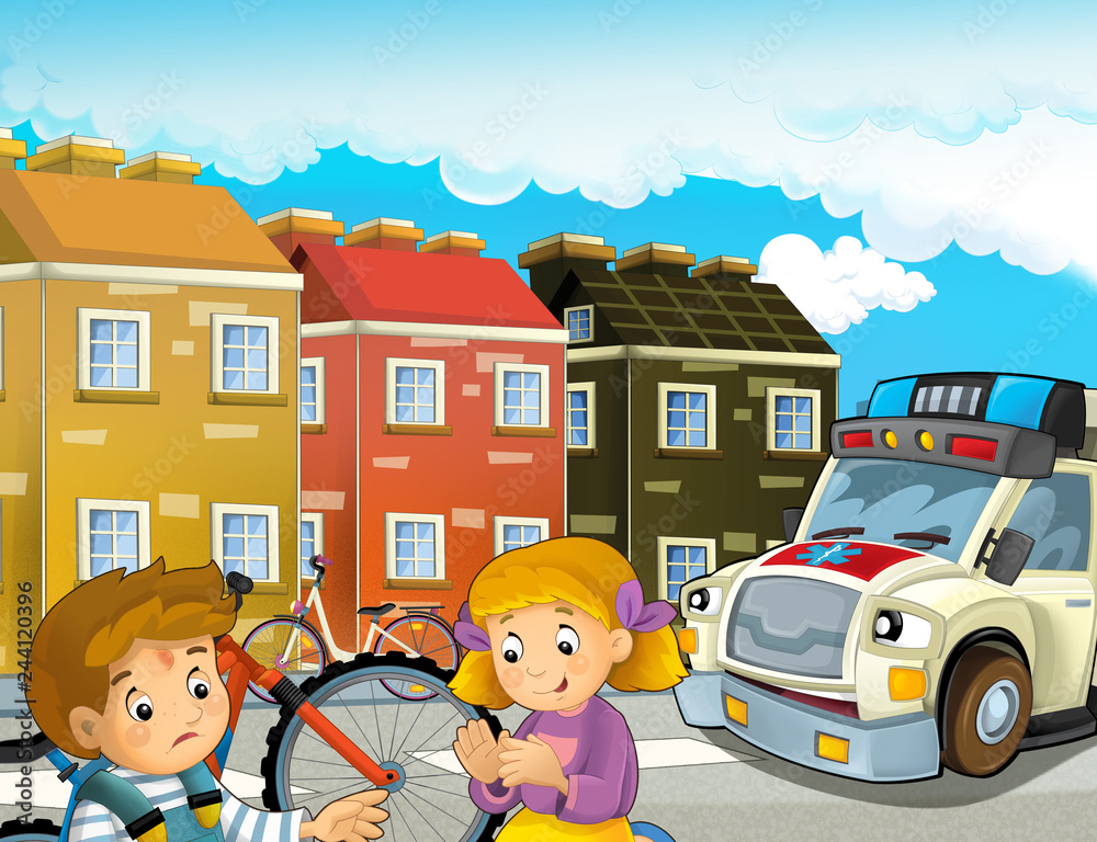 cartoon scene with kids after bicycle accident and ambulance coming to ...