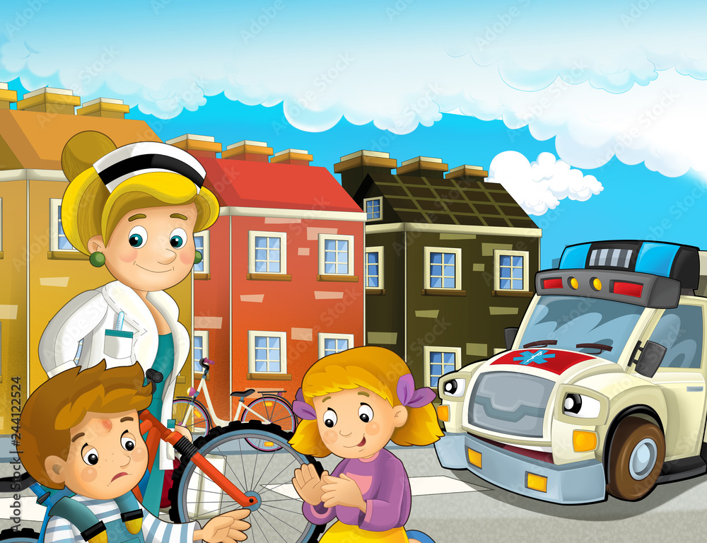 cartoon scene with kids after bicycle accident and ambulance and doctor ...
