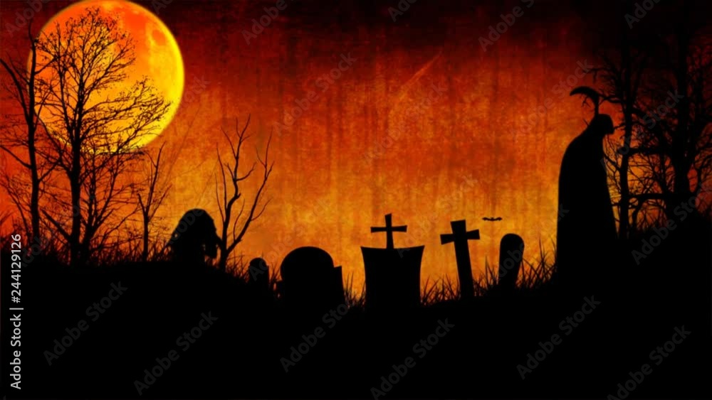 Haunted Graveyard Sunset 4K features bats flying over a graveyard with ...