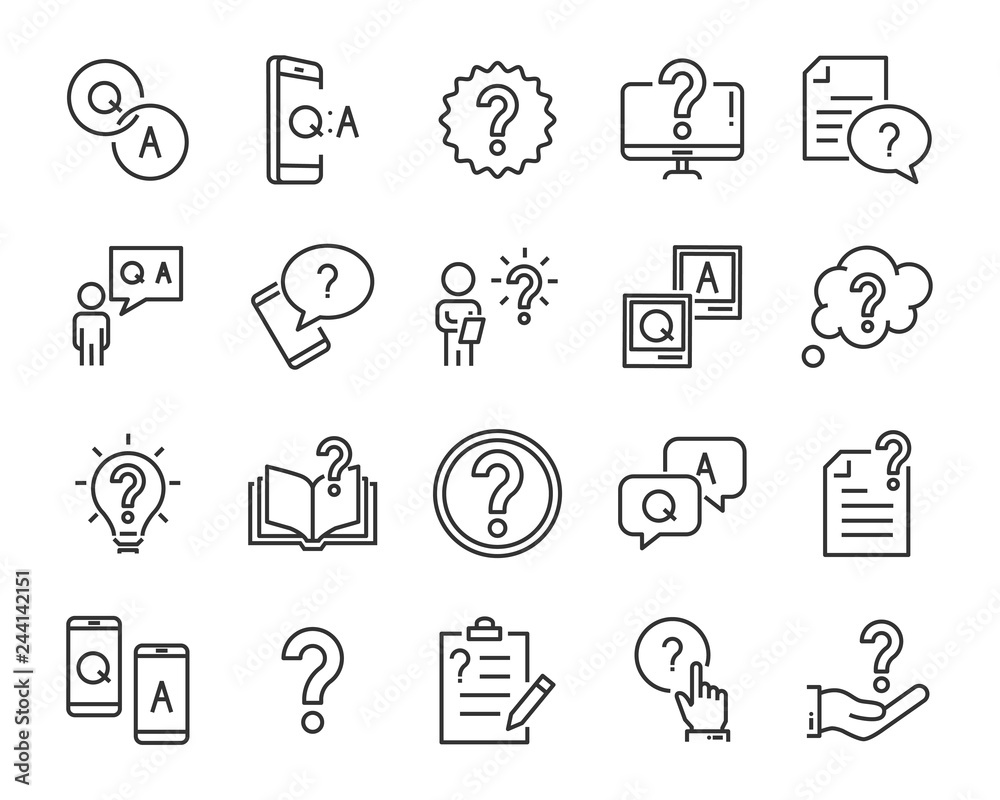 set of question icons, such as, question mark, talk, answer, test ...