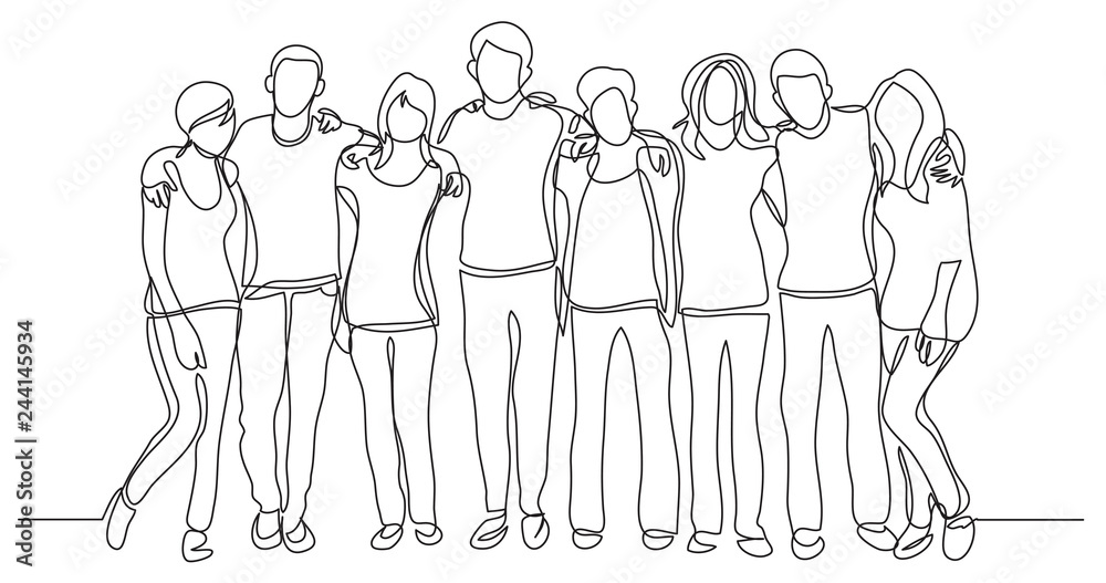 high school class of friends standing together - one line drawing Stock ...
