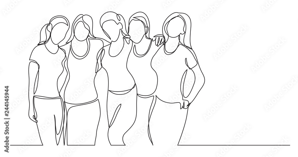 team of young female athletes standing together - one line drawing ...
