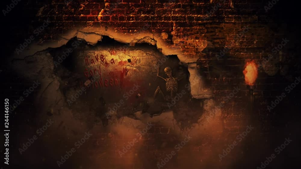 Gory Halloween Brick Wall Skeleton 4K Loop features the shadow of the ...