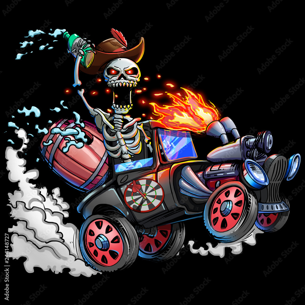 Skeleton and Car. Skull and Truck isolated. Vintage Portrait Artwork ...