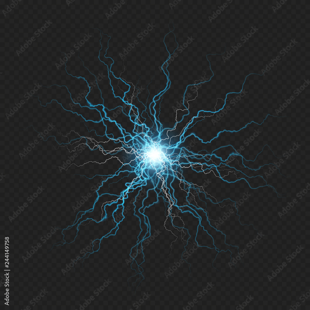 Lightning flash discharge of electricity on transparent background ...