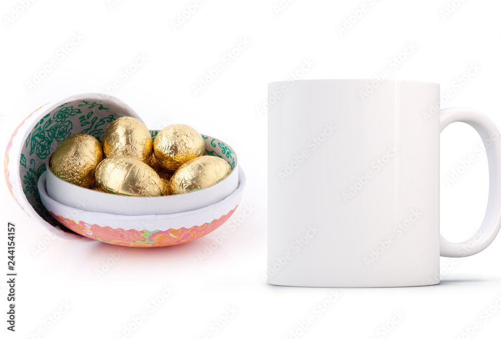 White Mug Mockup - Easter theme. cardboard open egg with mini chocolate ...