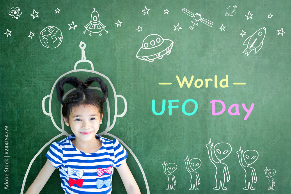 World UFO day and outer space week education concept idea with girl kid ...