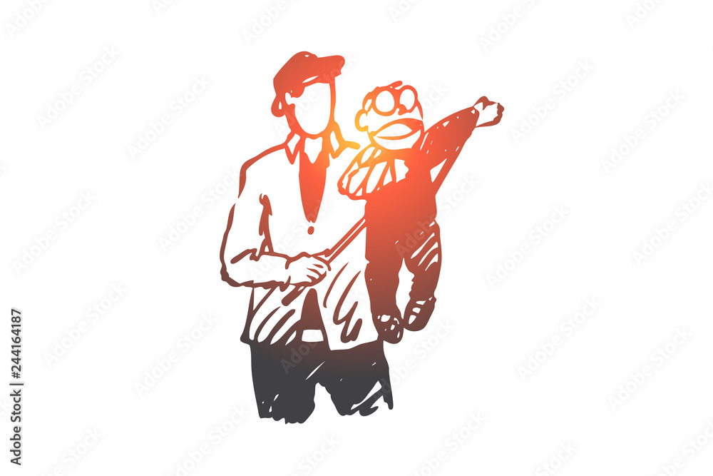 Ventriloquist, man, dummy, performance concept. Hand drawn isolated ...