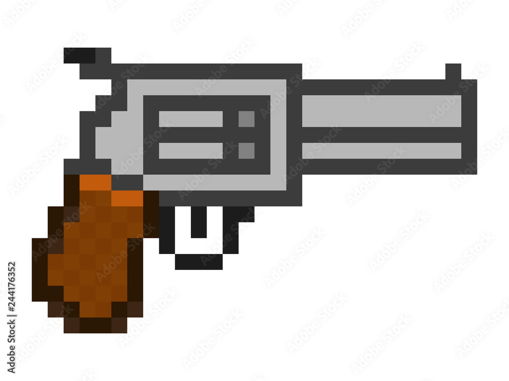 Pixel art: a grey gun or revolver, pointing to the right. Stock ...