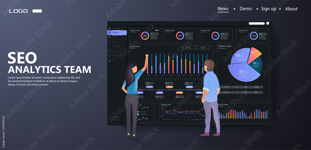 People interacting with charts and analyzing statistics. vector ...