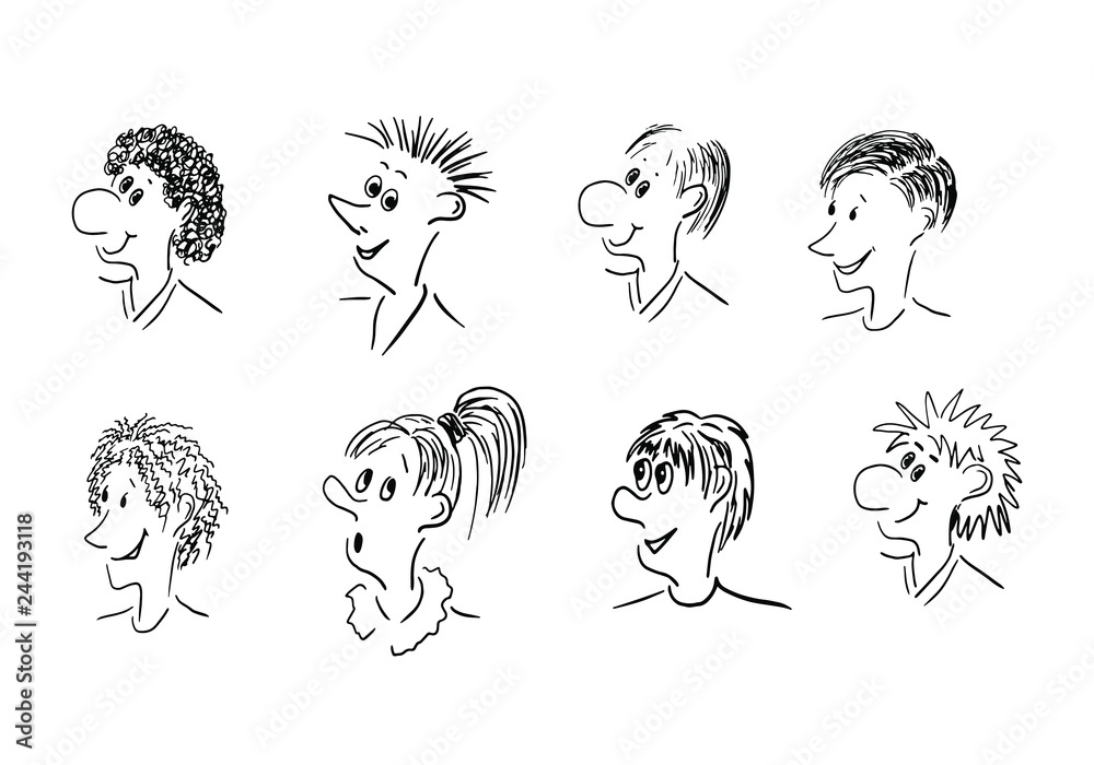 Vector illustration of 8 caricature faces: various facial expression ...