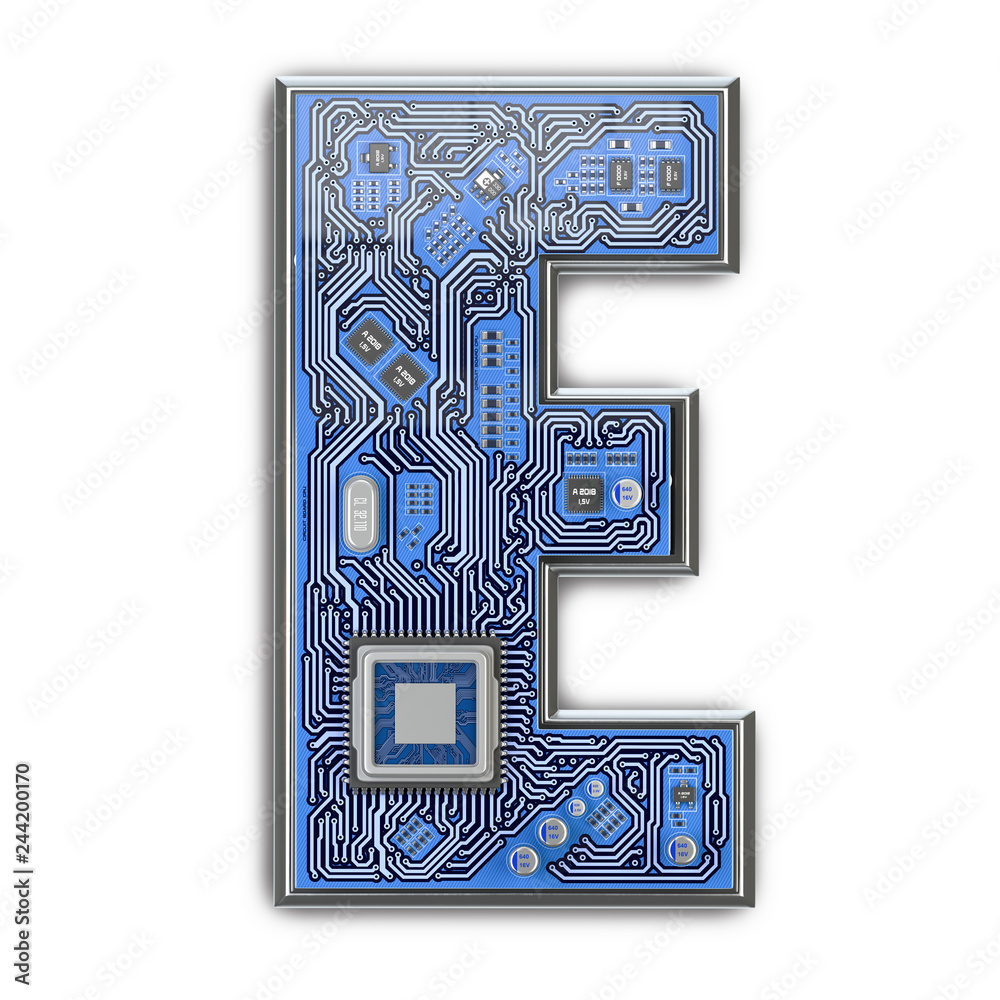 Letter E. Alphabet in circuit board style. Digital hi-tech letter ...
