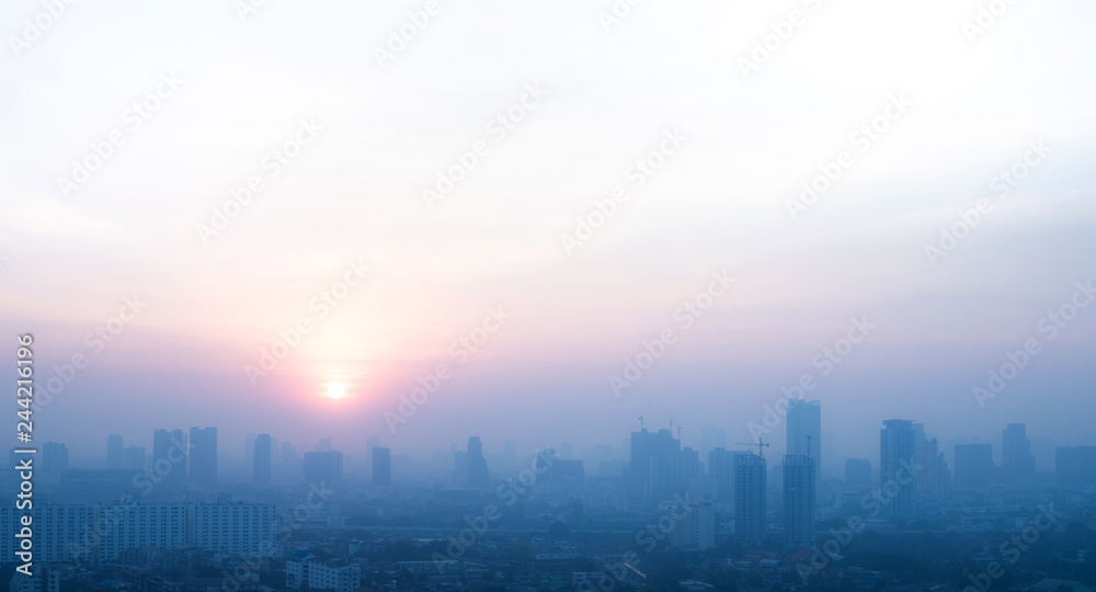 Pollution concepts with smog on city landscape in morning. health care ...