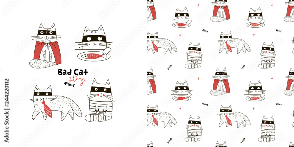 Graphic set with illustration and seamless pattern of funny cartoon bad ...