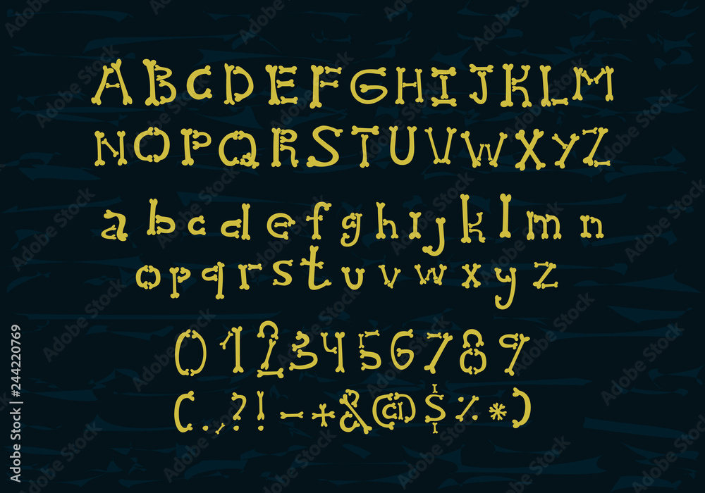 Set of the Hand Drawn Funny Doodle Bones Letters with Numerals and ...