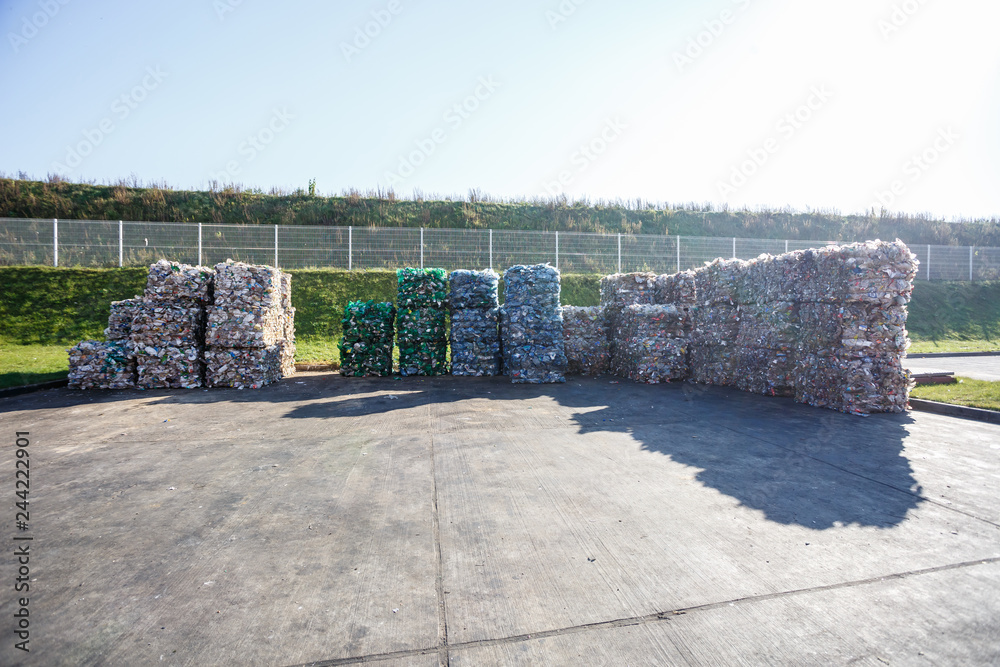 Plastic bales of rubbish at the waste treatment processing plant ...