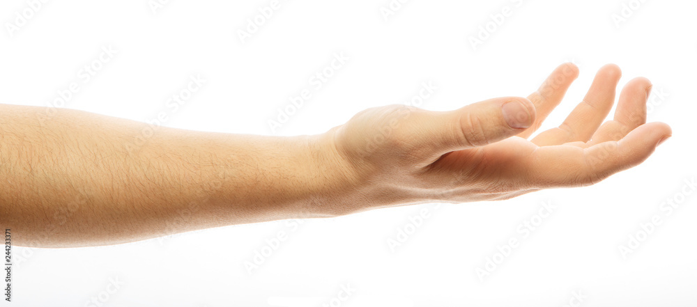 Empty man's hand, palm up on an isolated white background. Man hand ...