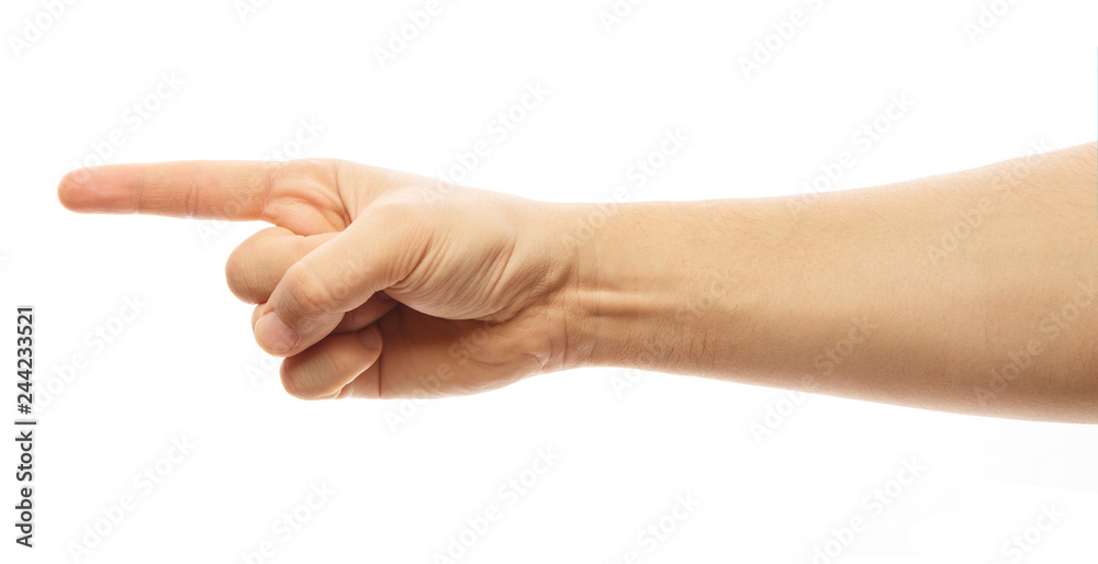 Hand finger pointing. Closeup of male hand pointing. Isolated on white ...