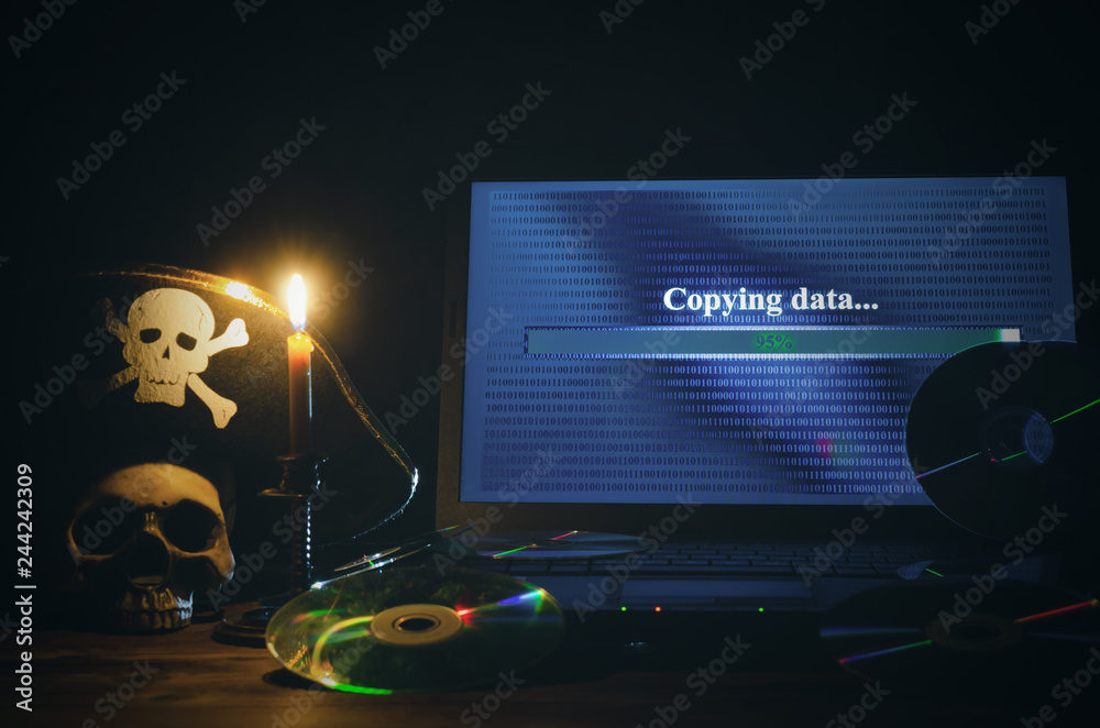 Illegal data copying concept. Cybercrime. Computer piracy background ...