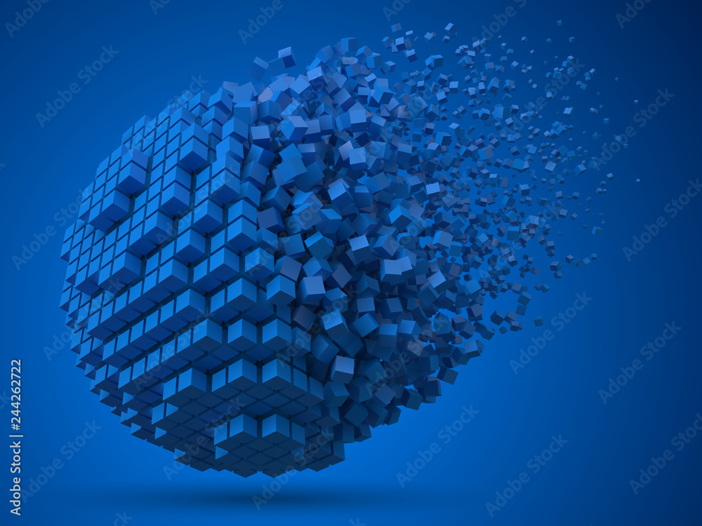 Dissolving Spherical Data Block Made With Blue Cubes 3d Pixel Style Vector Illustration Stock
