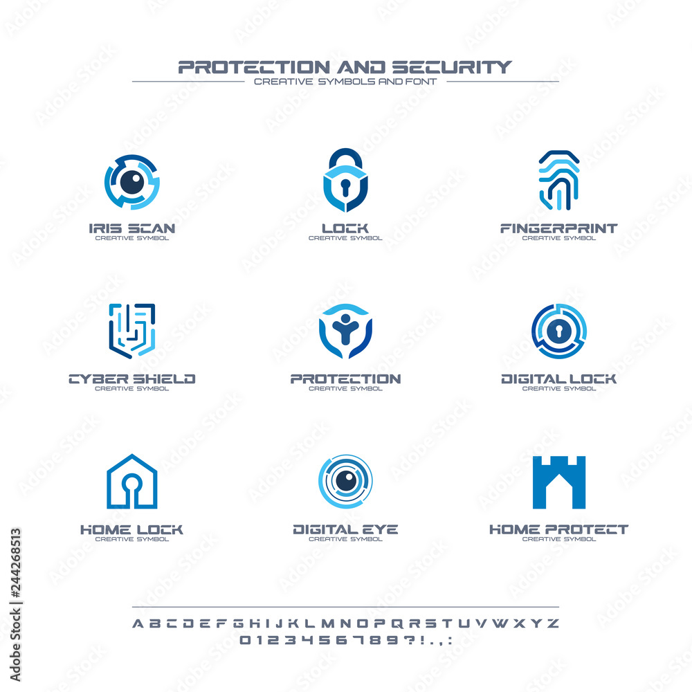 Protection and security creative symbols set, font concept. Home ...