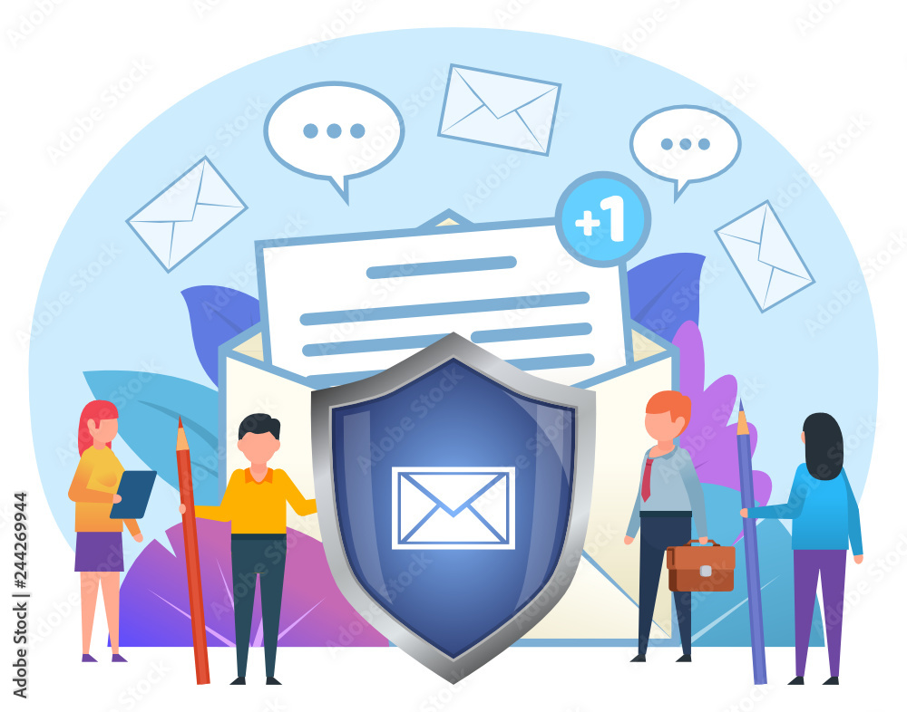 Encrypted, secure messenger concept. Small people stand near big shield ...