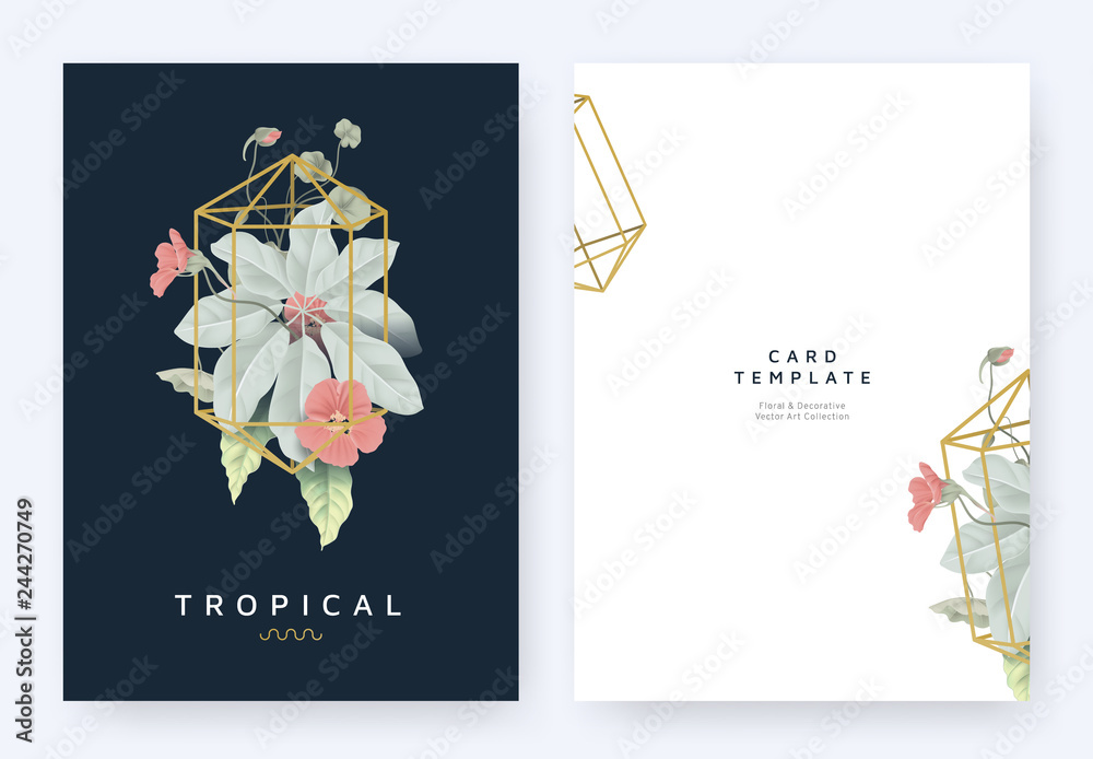 Minimalist invitation card template design, tropical plants and red ...