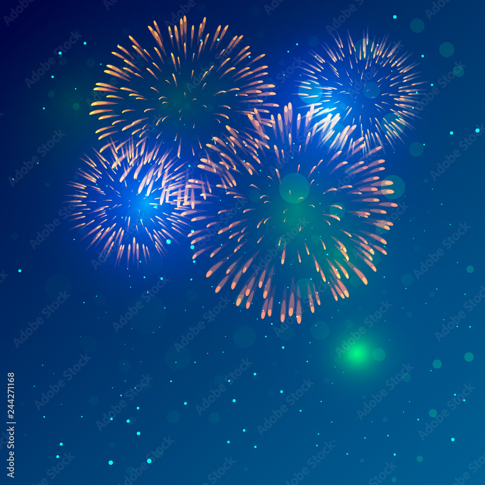 colorful fireworks vector on dark blue background with sparking bokehs ...