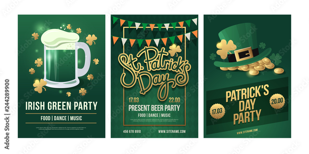 St.Patrick 's Day. Set of festive posters with symbols of Irish holiday ...
