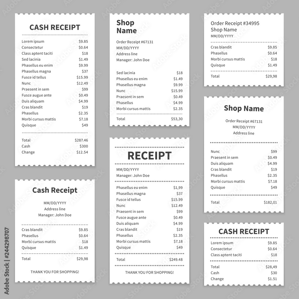 Receipts printed bills. Checks receipt print bill amount buy choice ...