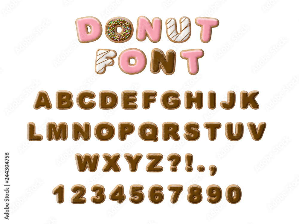 Donuts decorative font glazed sweet letters and numbers. Cute design ...