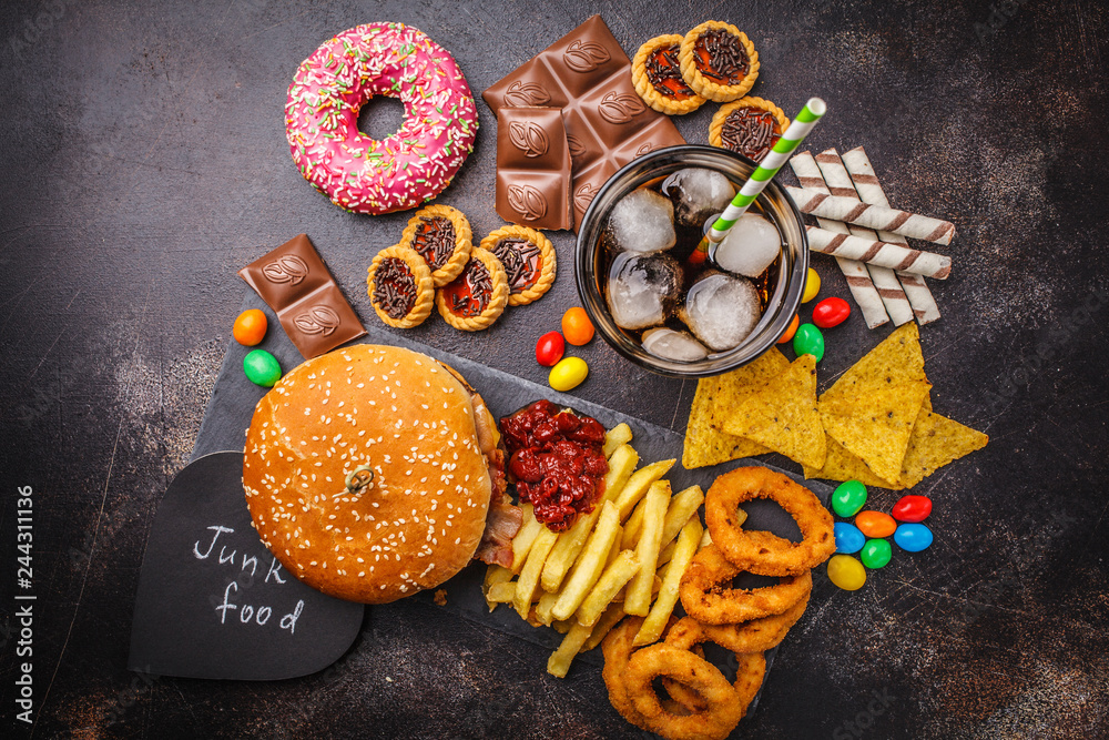 Junk food concept. Unhealthy food background. Fast food and sugar ...