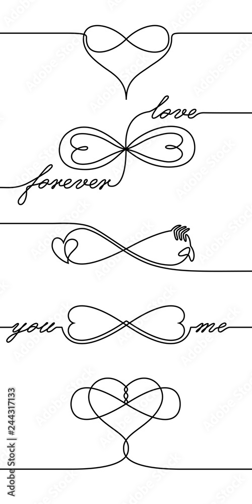 Single line drawing endless love icons, one line Valentines day holiday ...