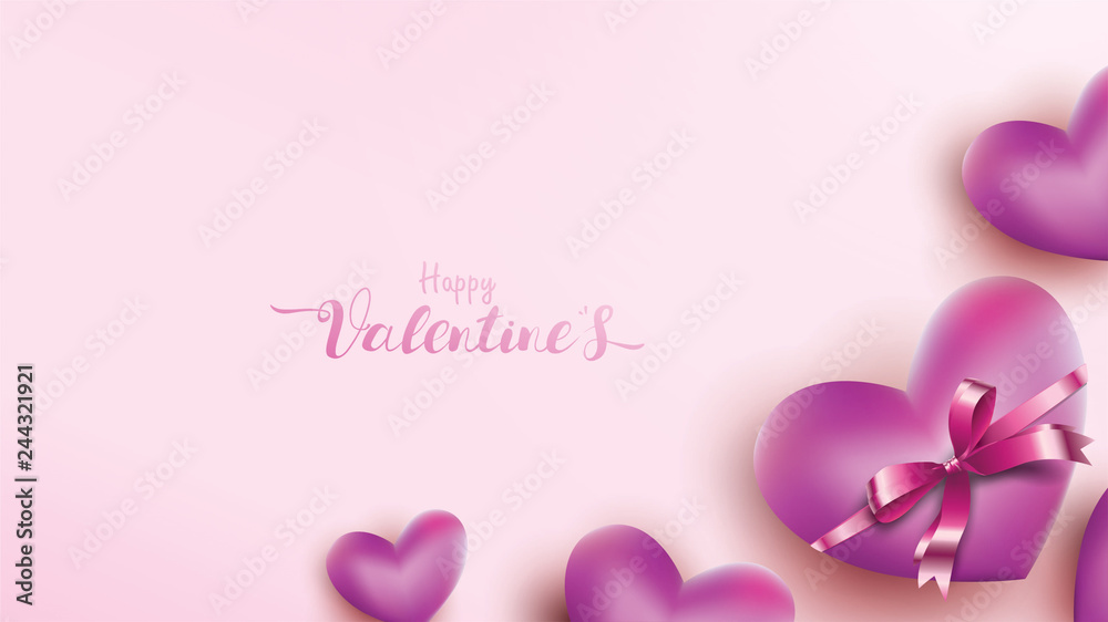 Happy Valentines Day greeting card with pink and purple heart balloon ...