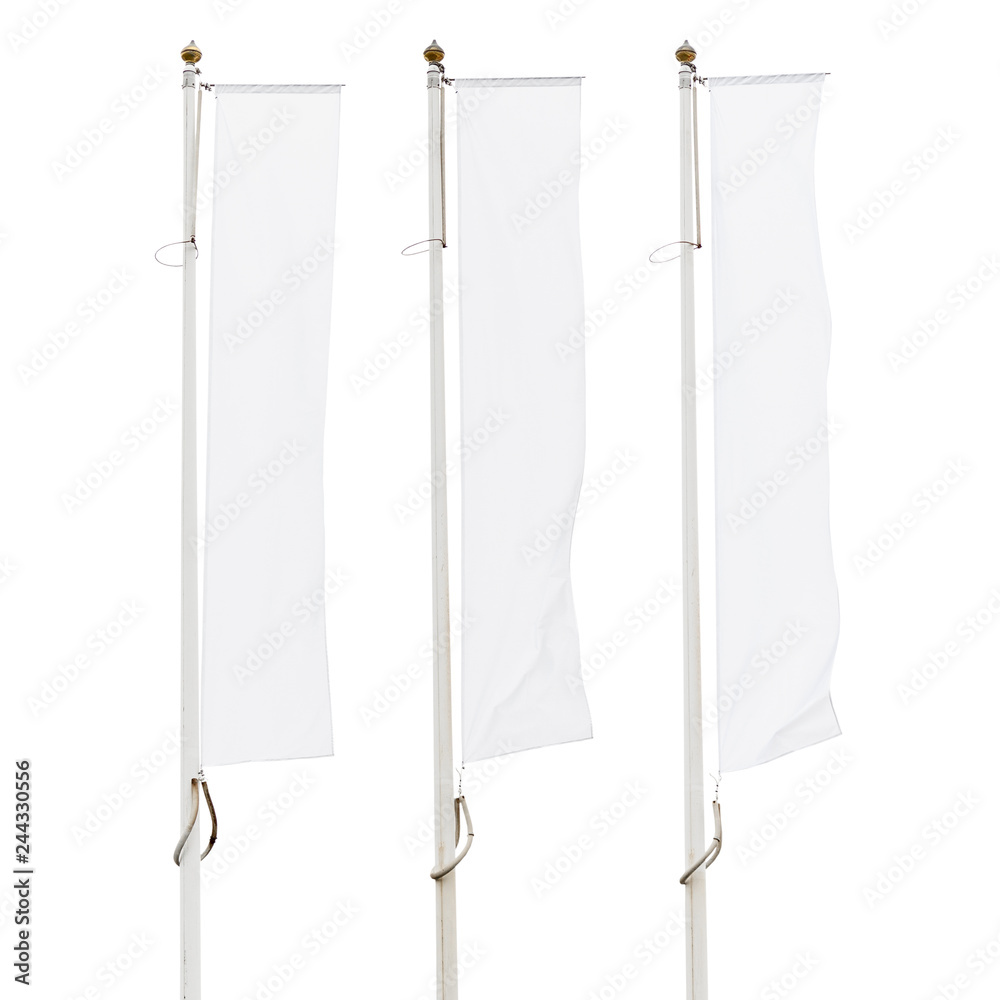 Three blank white flags on flagpoles isolated on white background ...