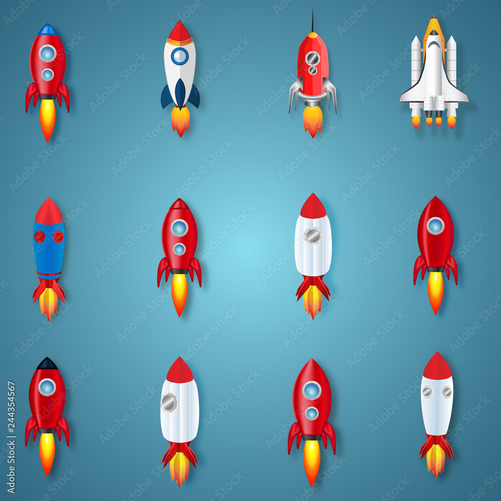 Paper art , cut and craft style of Rockets Collection on blue ...