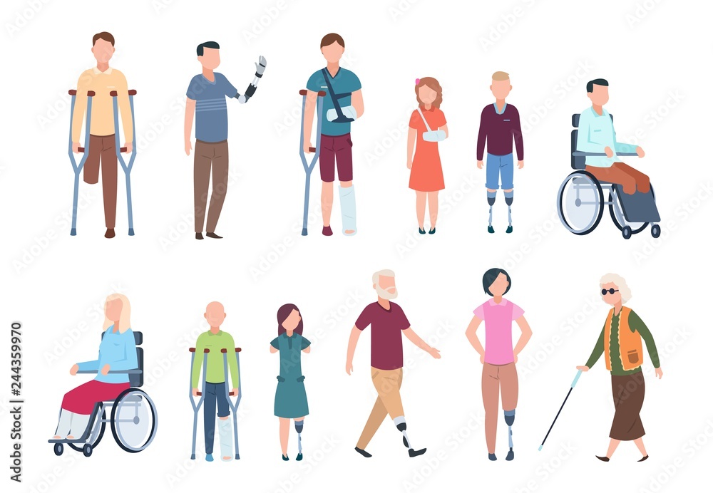 Disabled persons. Diverse injured people in wheelchair, elderly, adult ...