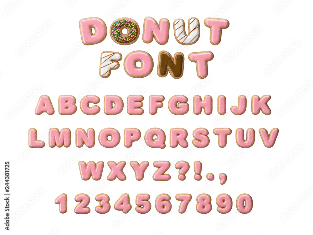 Donuts decorative font glazed sweet letters and numbers. Cute design ...